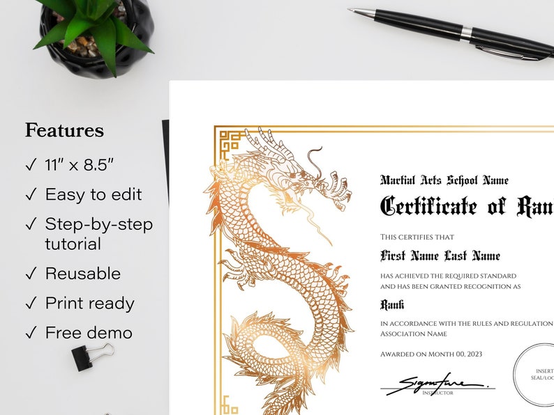 Editable Certificate of Rank Recognition | Faux Gold Dragon Martial ...
