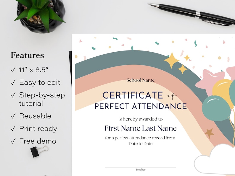 Editable Rainbow Certificate for Perfect Attendance, Achievement ...