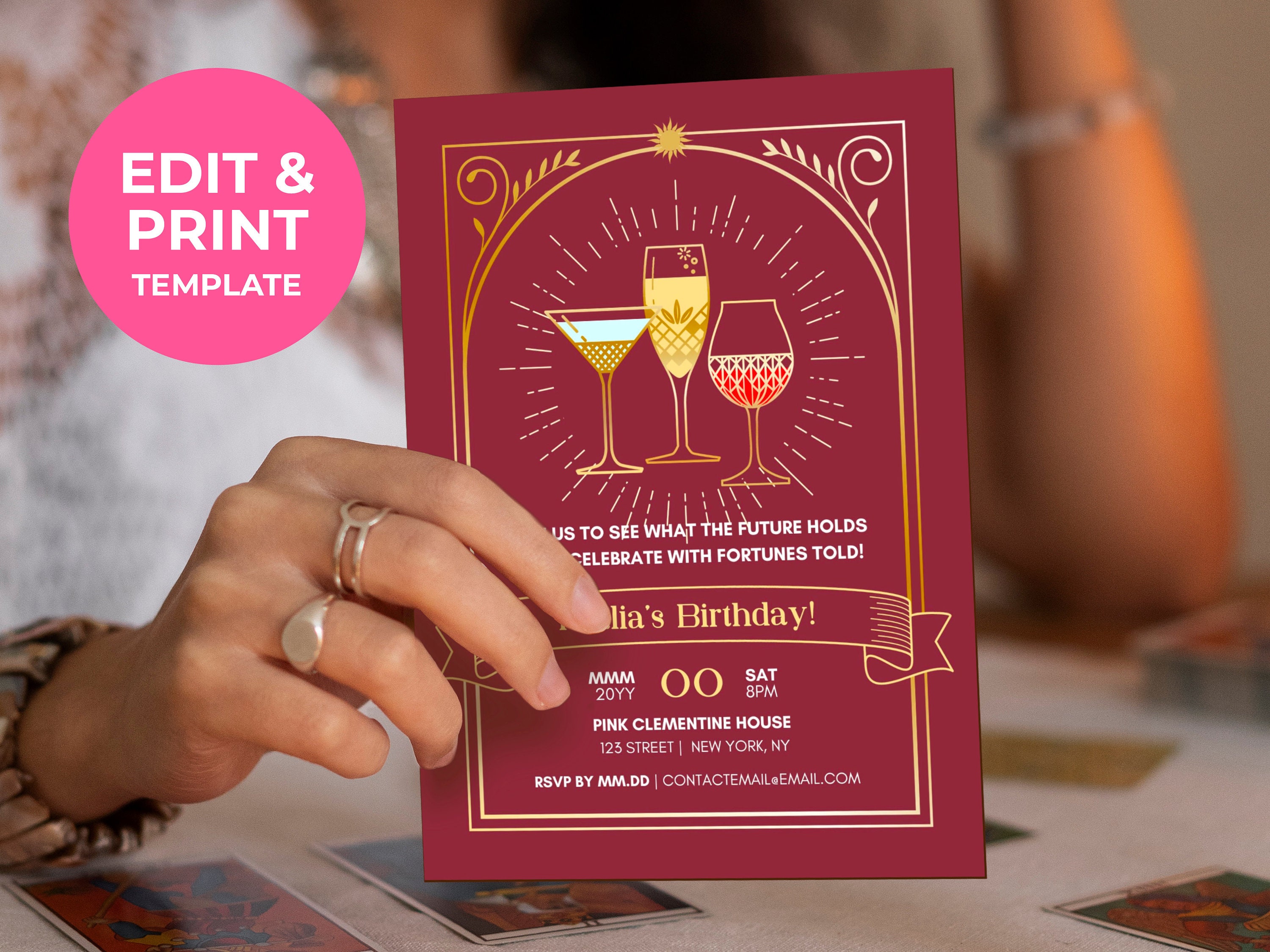 Editable Tarot Theme Three of Cups Birthday Invite | Fortune Telling ...