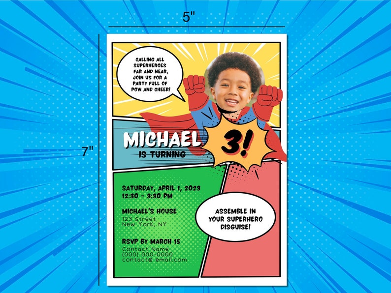Editable Comic Book Superhero Theme Birthday Party Invite for Kids With ...