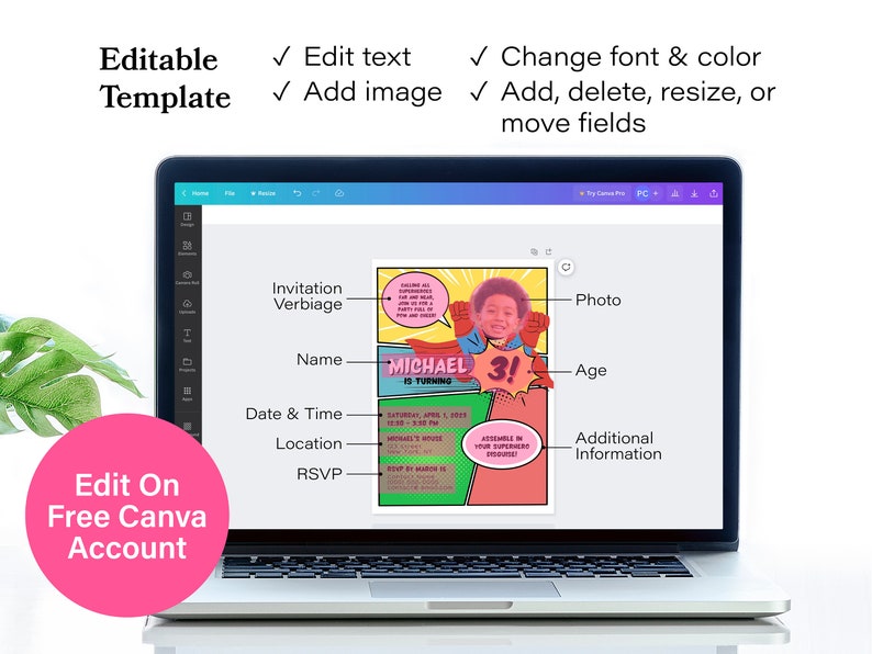 Editable Comic Book Superhero Theme Birthday Party Invite for Kids With ...