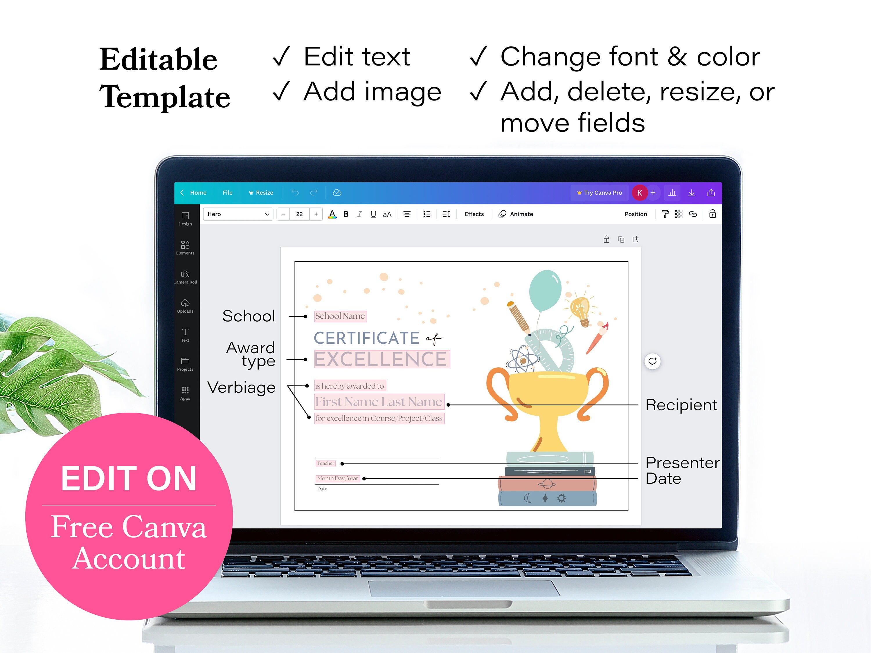 Editable Certificate of Excellence for Students | Class, Project ...