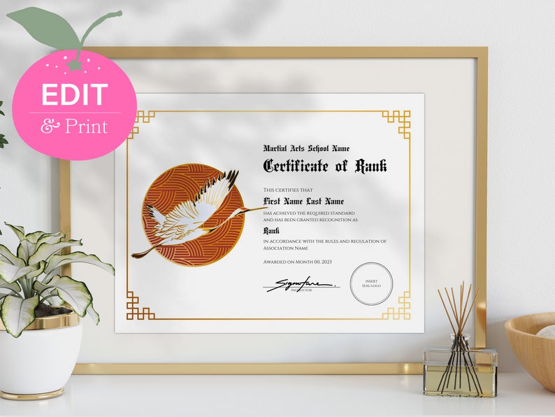 Editable Certificate of Rank Recognition | Martial Arts Award | Crane ...