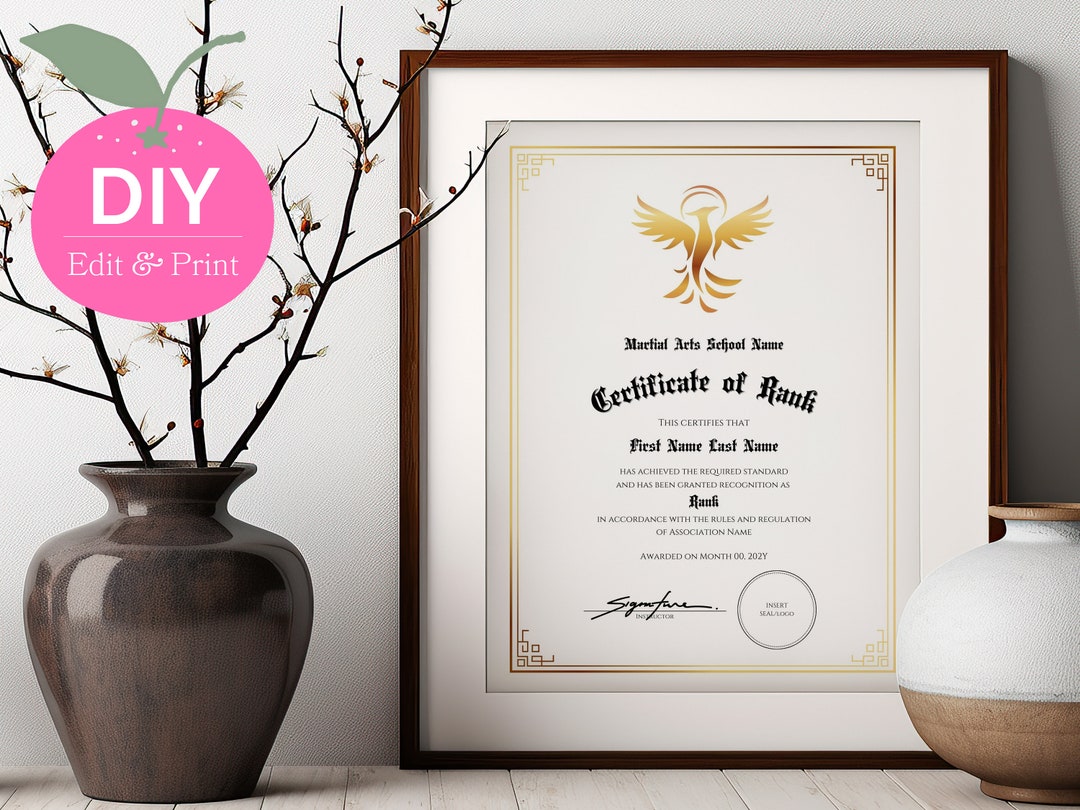Editable Certificate of Rank Recognition for Martial Arts | Gold ...
