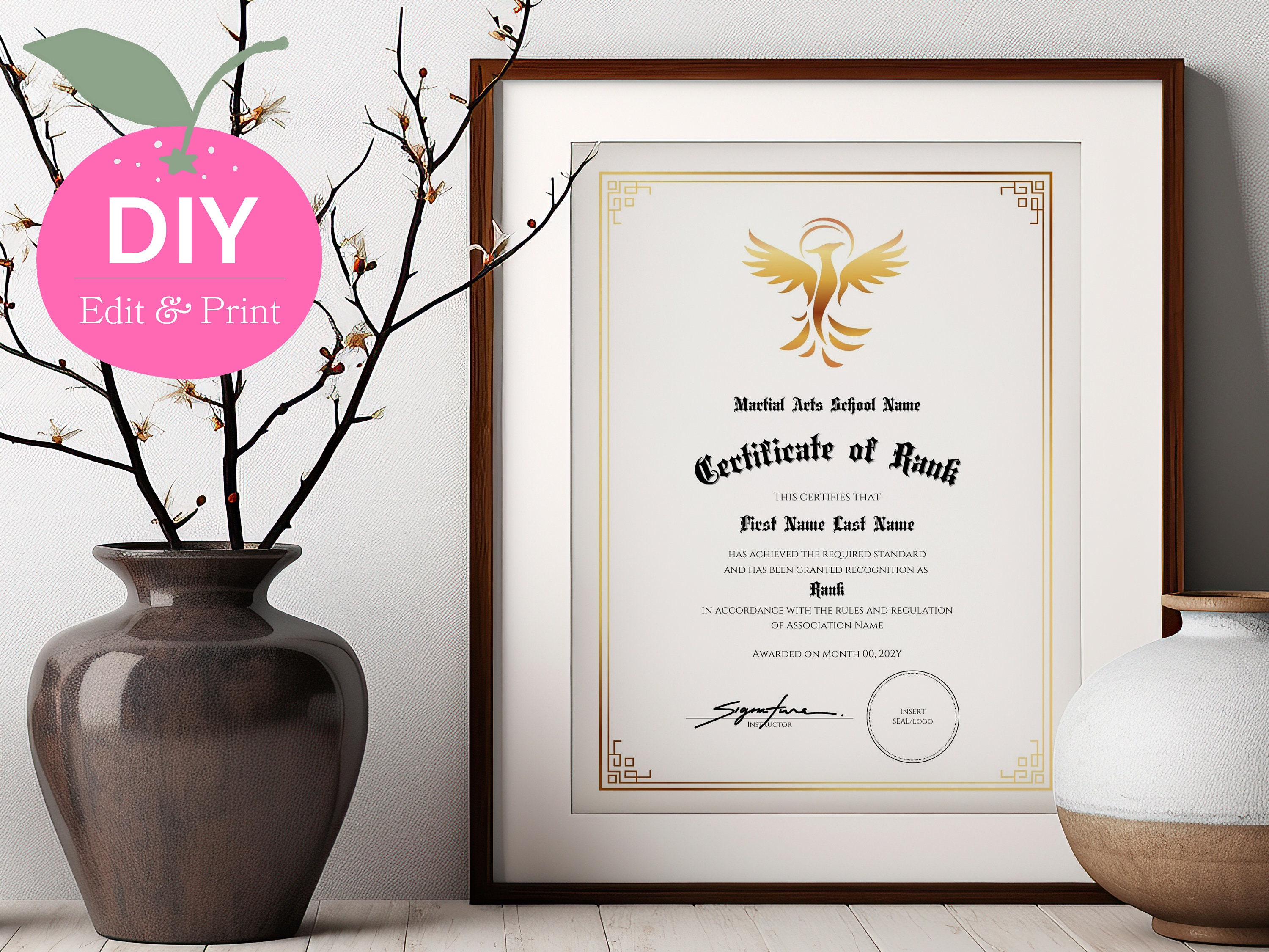 Editable Certificate of Rank Recognition for Martial Arts | Gold ...