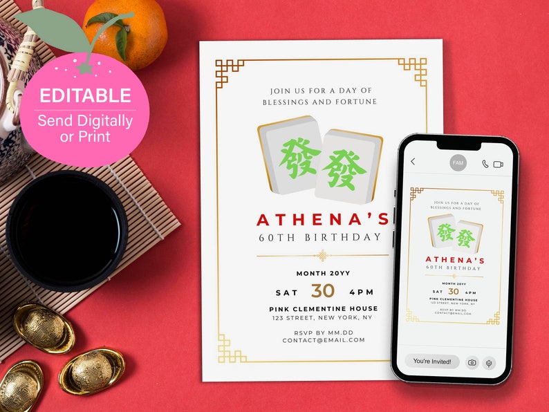 Editable Birthday Mahjong Party Invite With Green Dragon “fa” Tiles ...