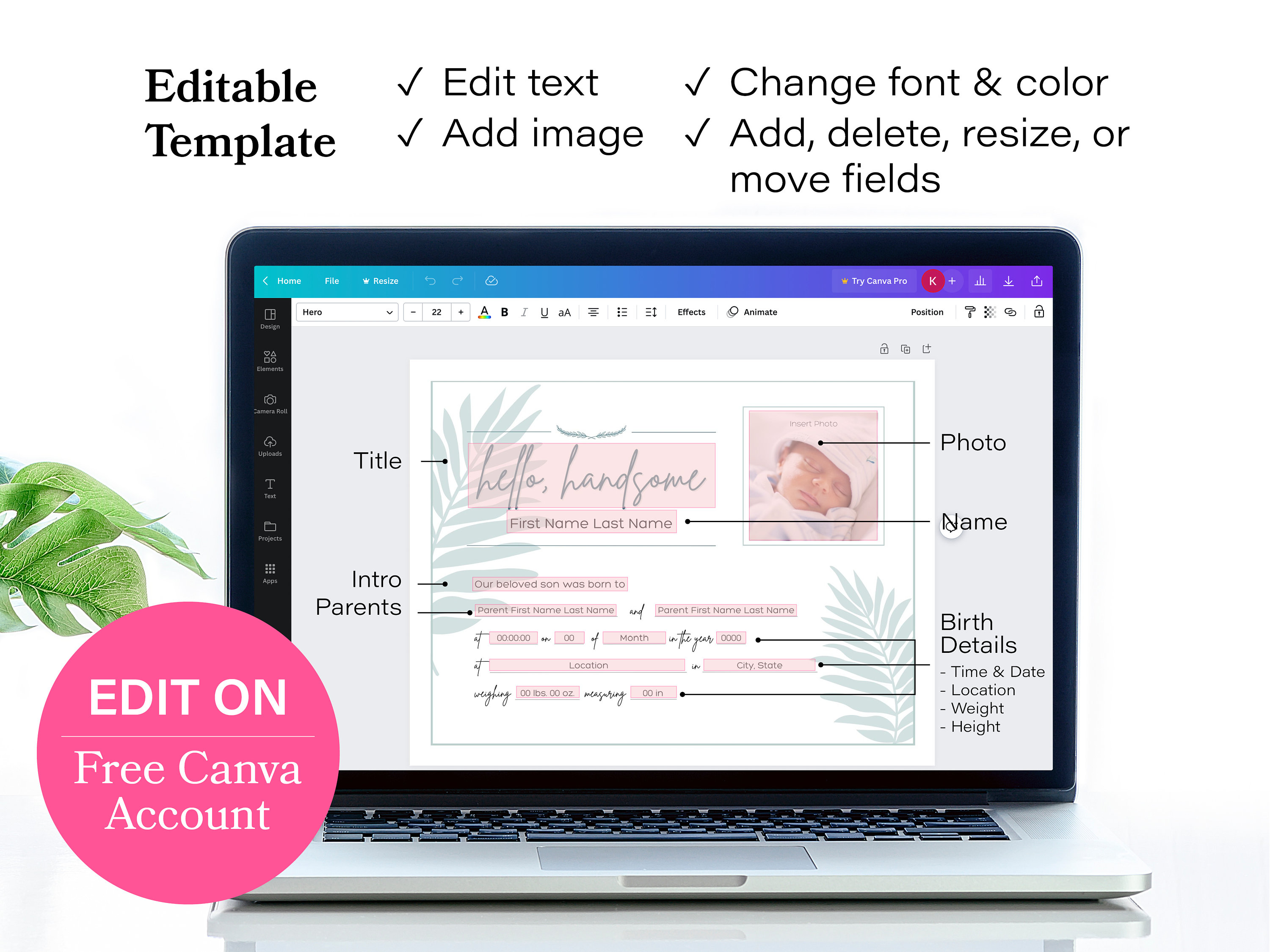 Editable Birth Certificate for Newborn Baby Boy and Son | Customizable ...