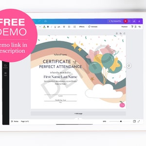 Editable Rainbow Certificate for Perfect Attendance, Achievement ...