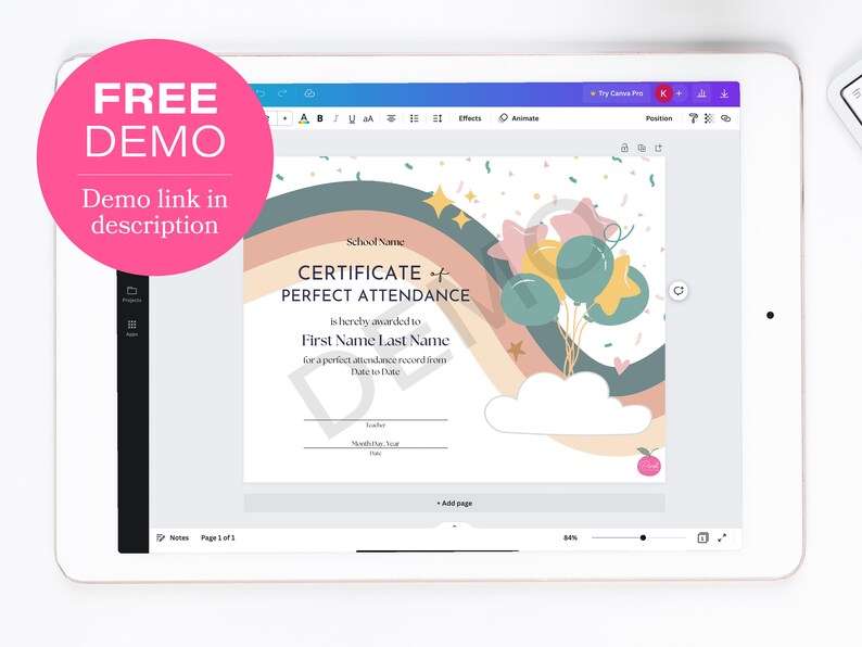 Editable Rainbow Certificate for Perfect Attendance, Achievement ...