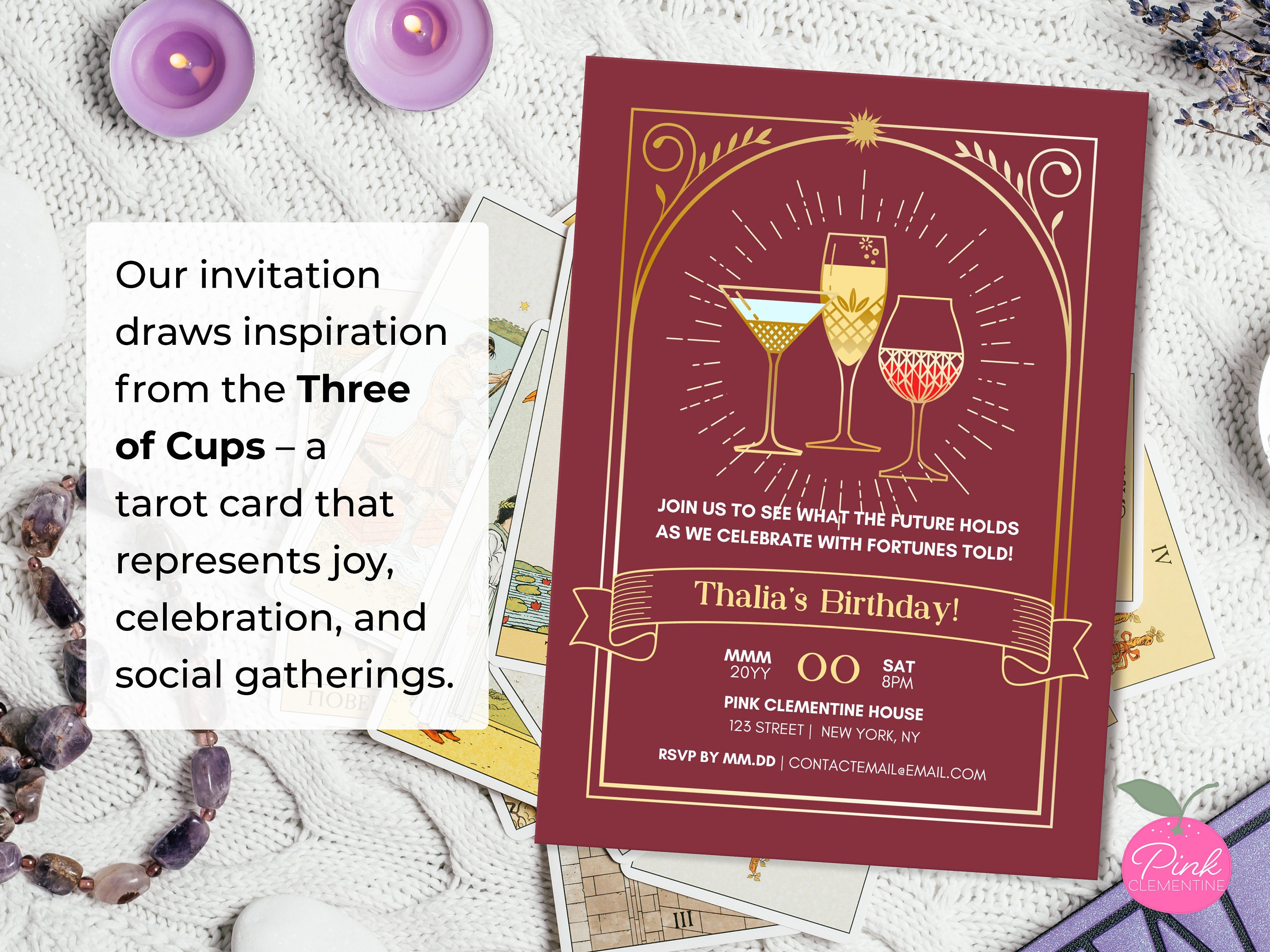 Editable Tarot Theme Three of Cups Birthday Invite | Fortune Telling ...