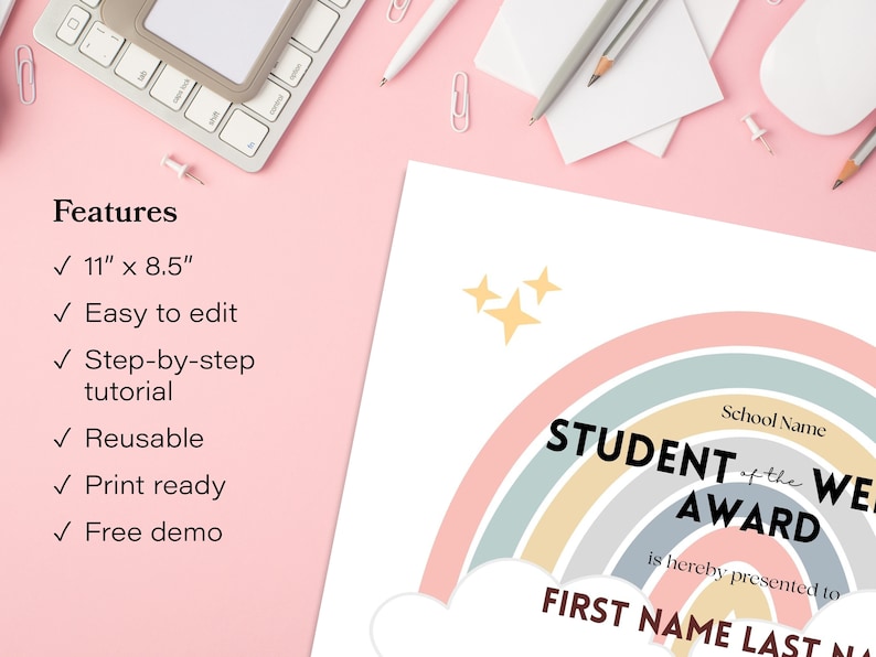 Editable Student of the Week Certificate With Pastel Boho Rainbow ...