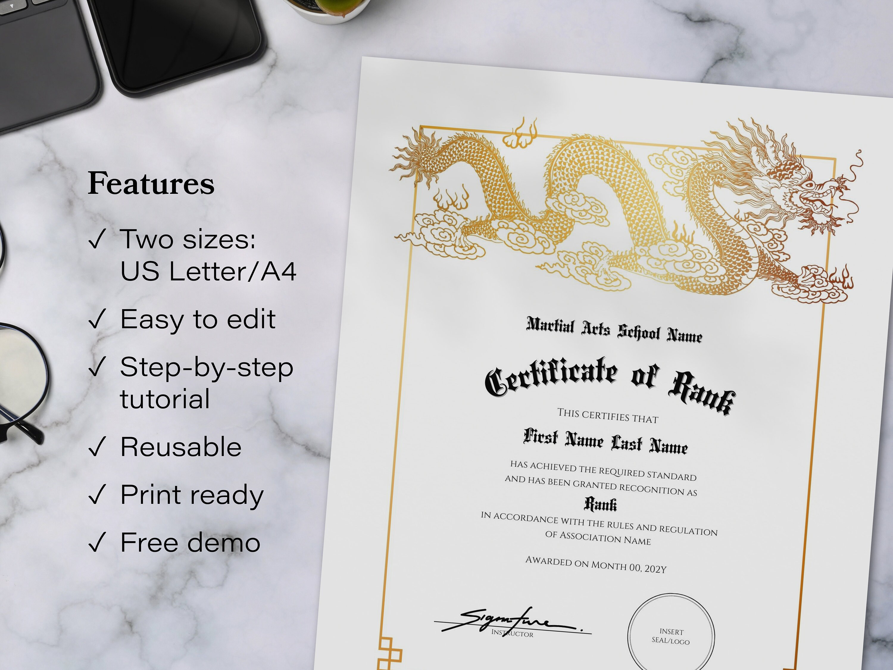 Editable Certificate of Rank Recognition | Gold Dragon Martial Arts ...