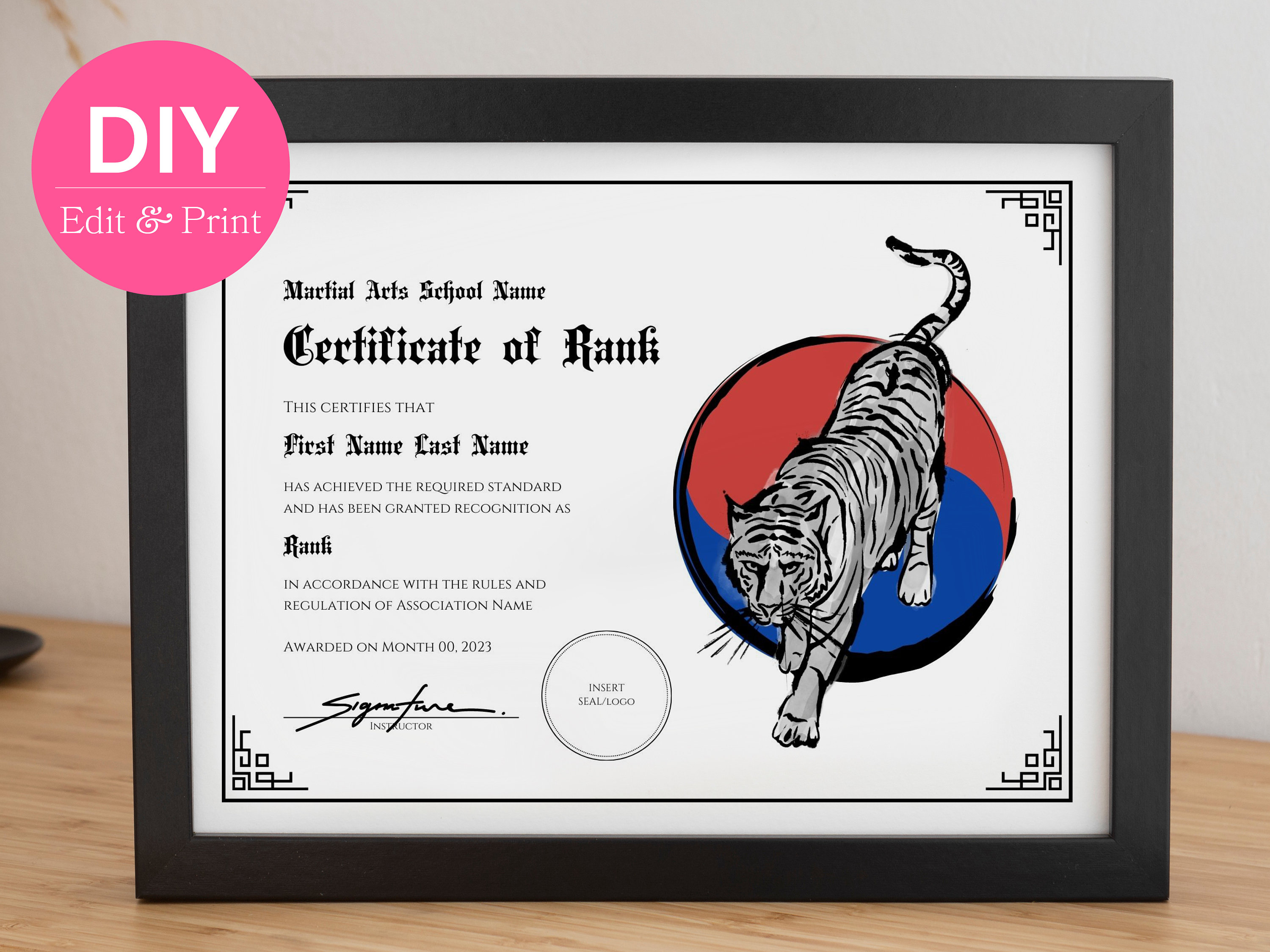 Editable Certificate of Rank Recognition | Tiger Martial Arts Award ...