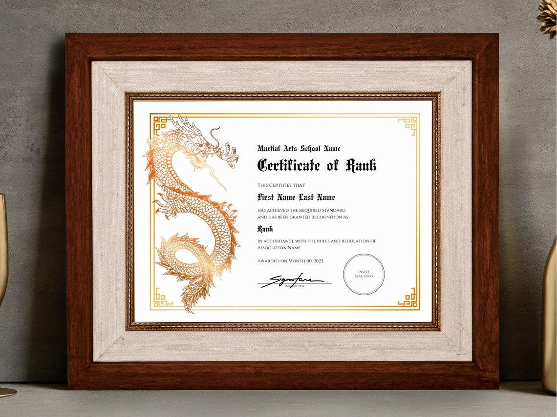 Editable Certificate of Rank Recognition | Faux Gold Dragon Martial ...