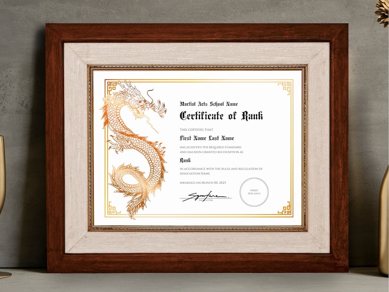 Editable Certificate of Rank Recognition | Faux Gold Dragon Martial ...