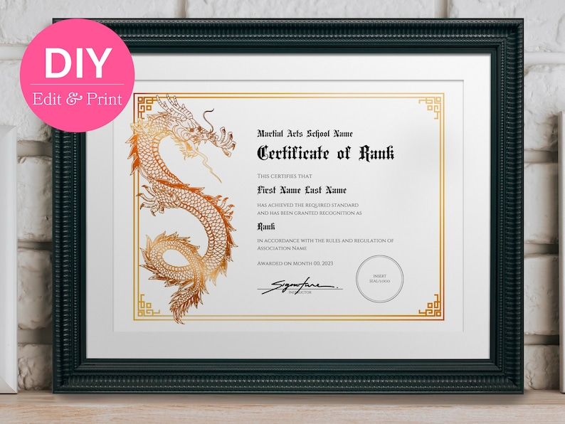 Editable Certificate of Rank Recognition | Faux Gold Dragon Martial ...