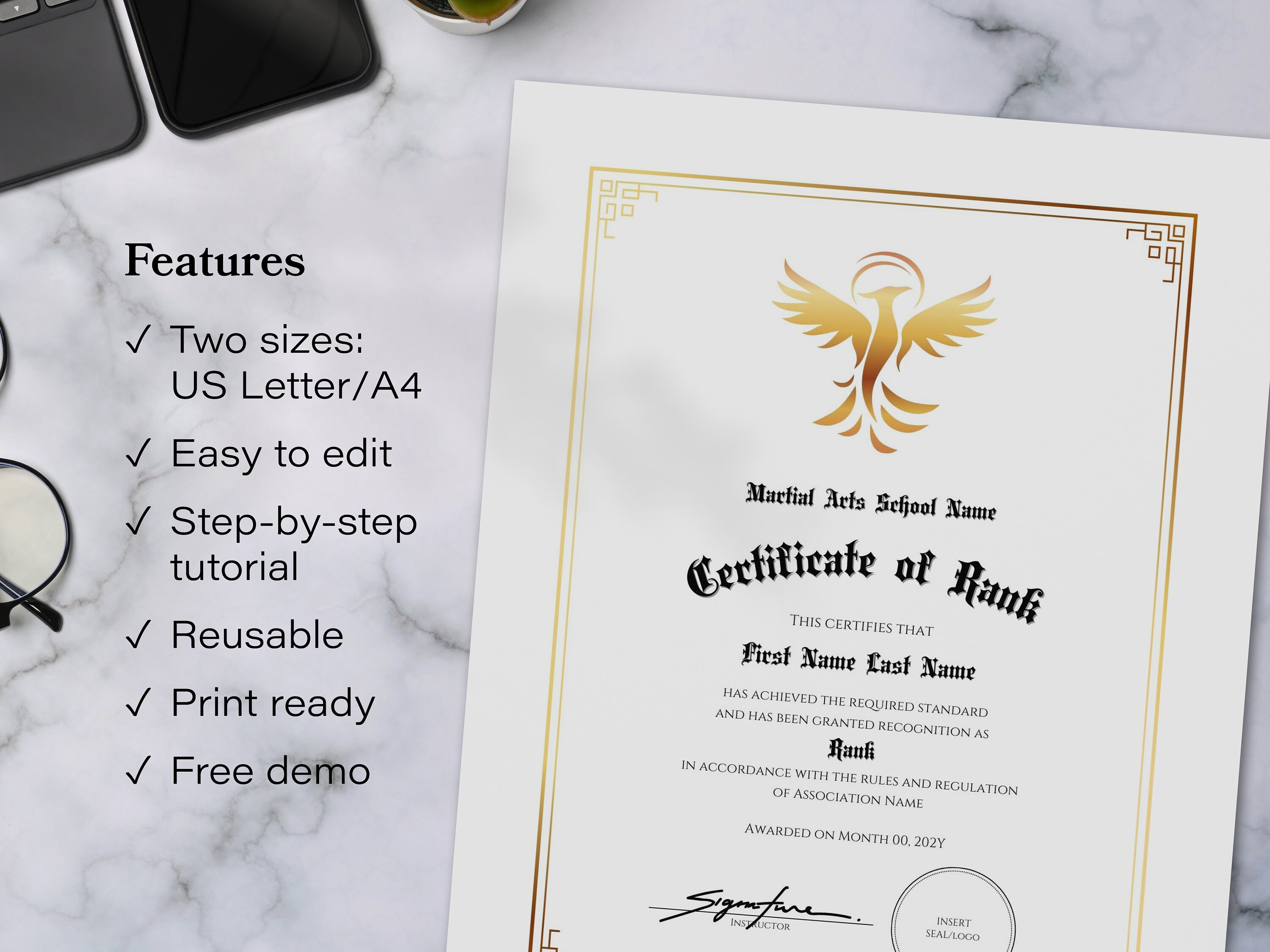 Editable Certificate of Rank Recognition for Martial Arts | Gold ...