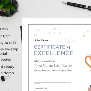 Editable Certificate of Excellence for Students | Class, Project ...