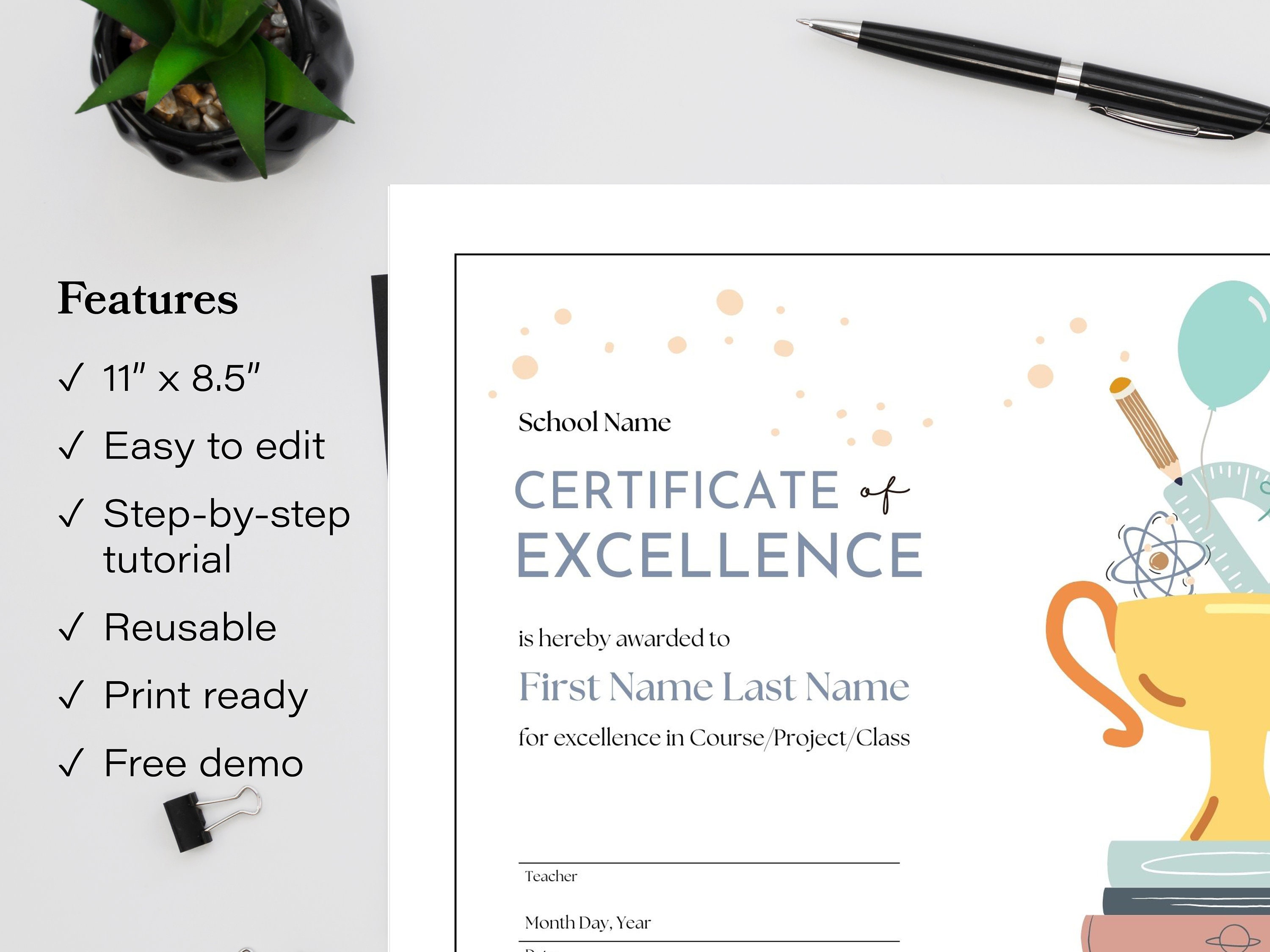 Editable Certificate of Excellence for Students | Class, Project ...