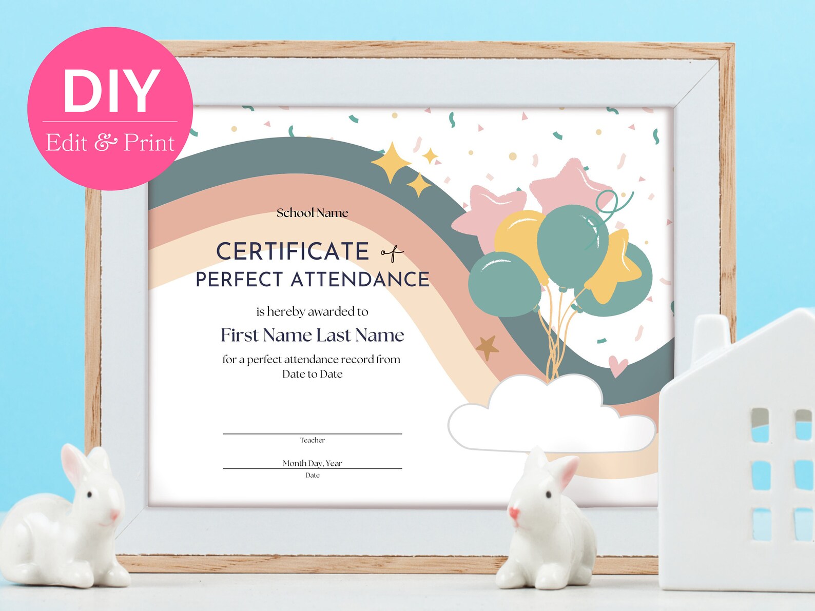 Editable Rainbow Certificate for Perfect Attendance, Achievement ...