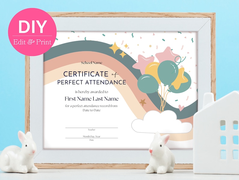 Editable Rainbow Certificate for Perfect Attendance, Achievement ...