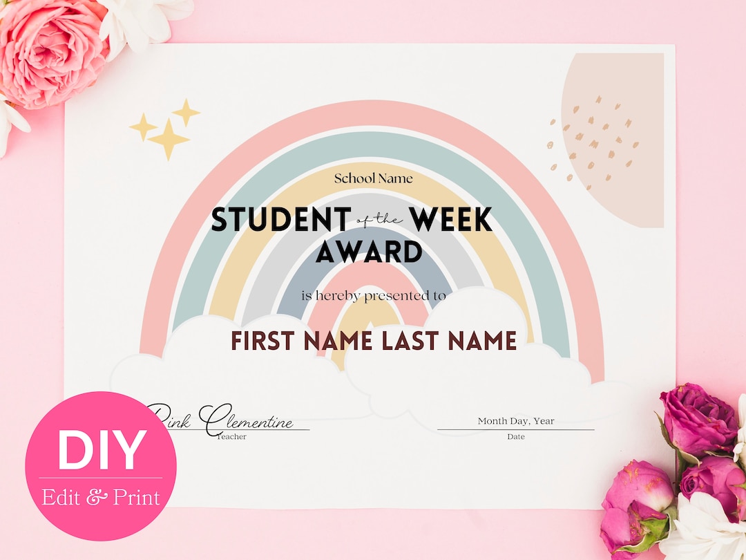 Editable Student of the Week Certificate With Pastel Boho Rainbow ...