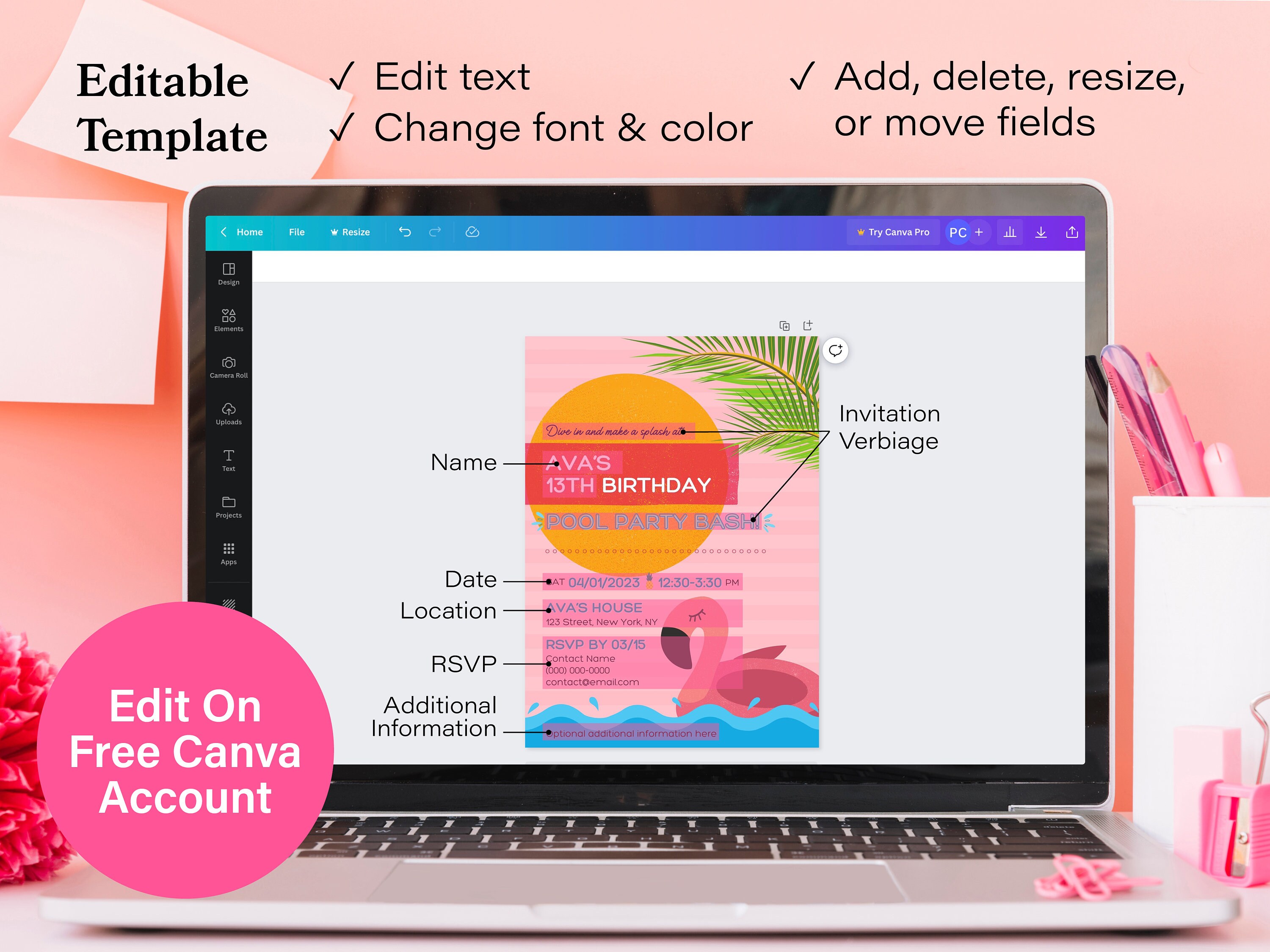 Editable Summer Pool Party Themed Birthday Invite Pink Flamingo Floaty ...