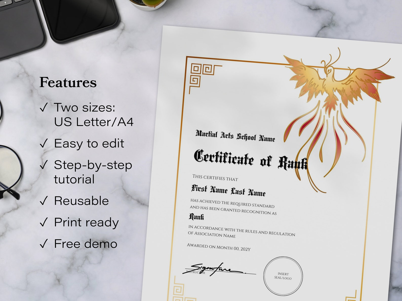 Editable Certificate of Rank Recognition | Gold Phoenix Martial Arts ...