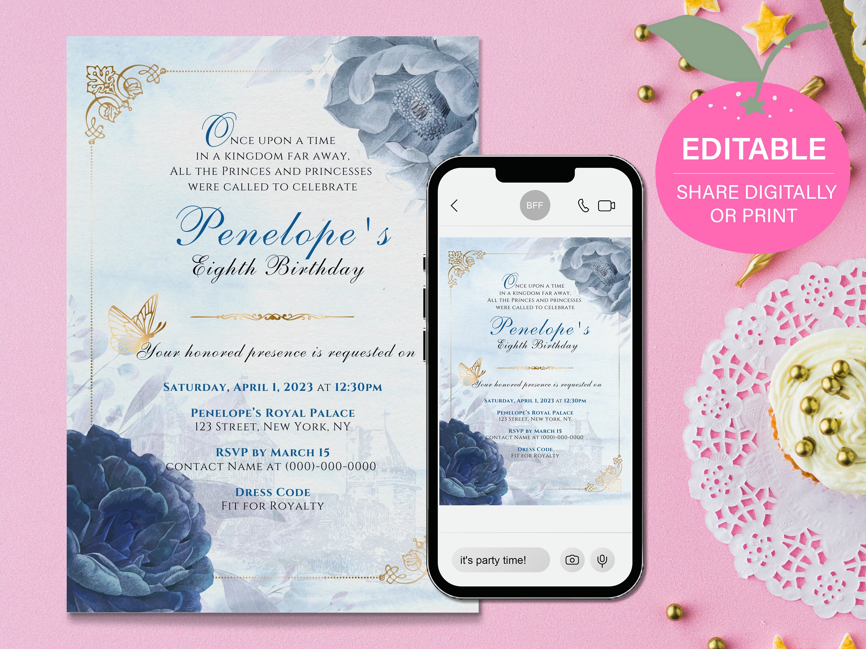 Editable Princess Fairytale Theme Birthday Party Invite With Blue ...