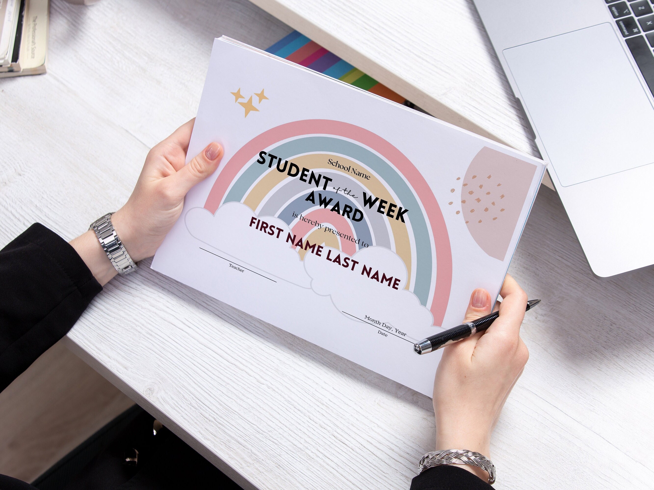 Editable Student of the Week Certificate With Pastel Boho Rainbow ...