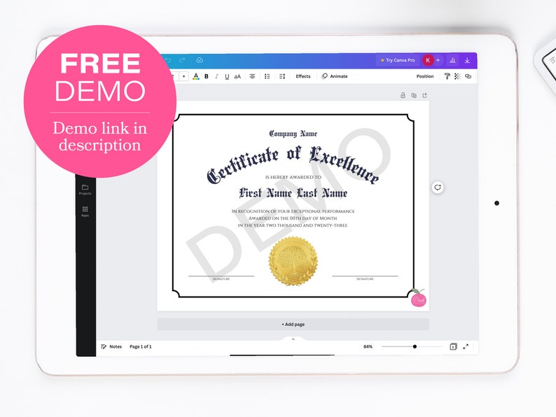 Editable Certificate of Excellence Achievement Completion Recognition ...