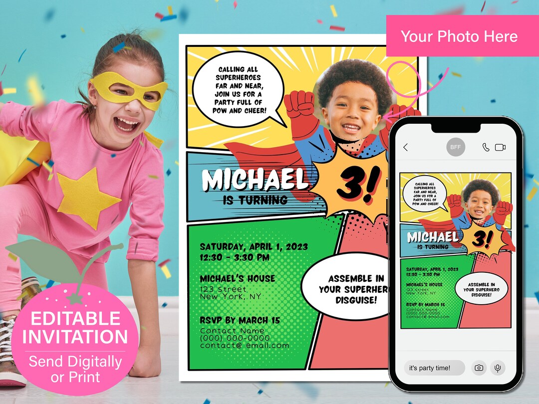 Editable Comic Book Superhero Theme Birthday Party Invite for Kids With ...