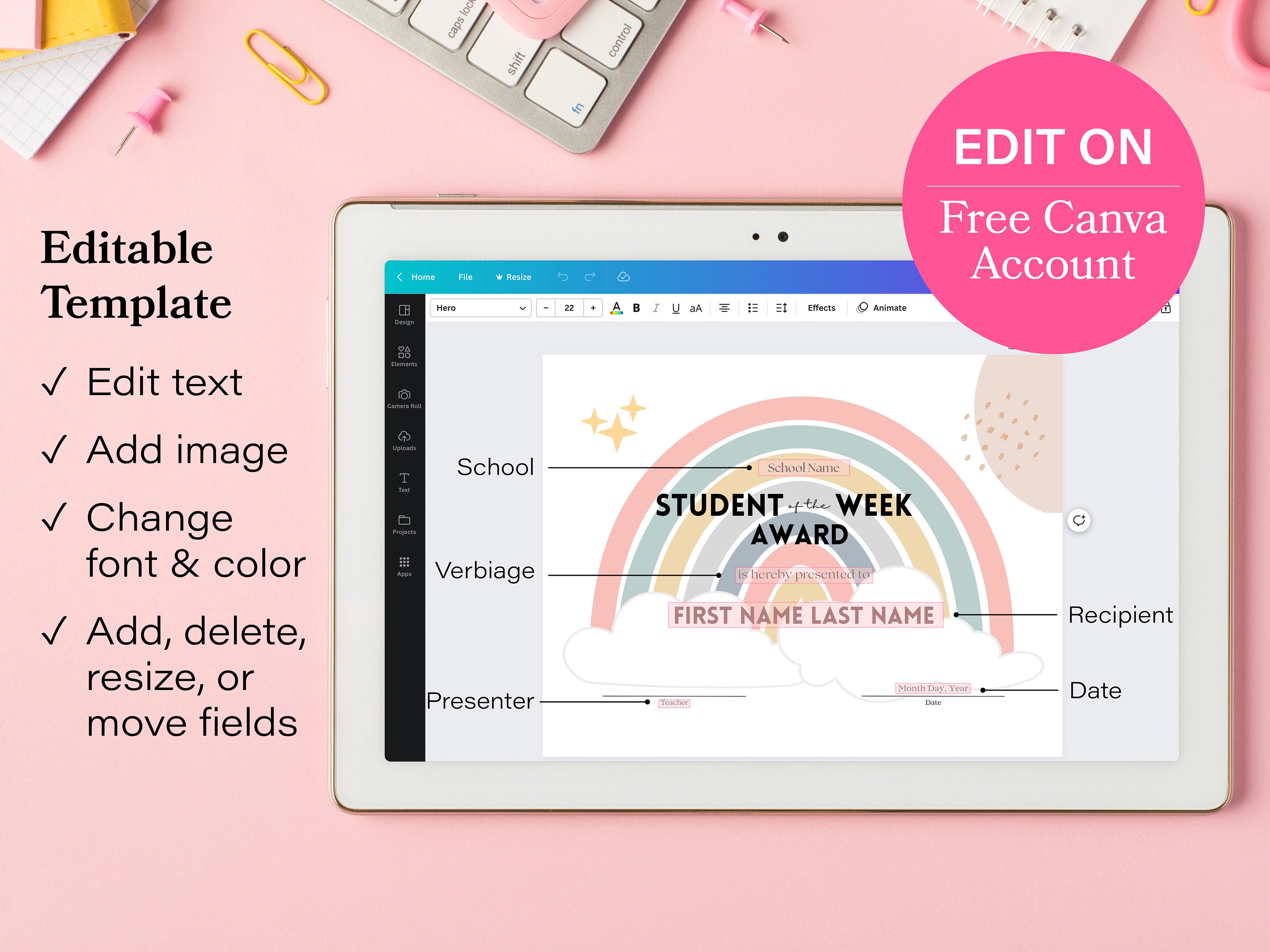 Editable Student of the Week Certificate With Pastel Boho Rainbow ...