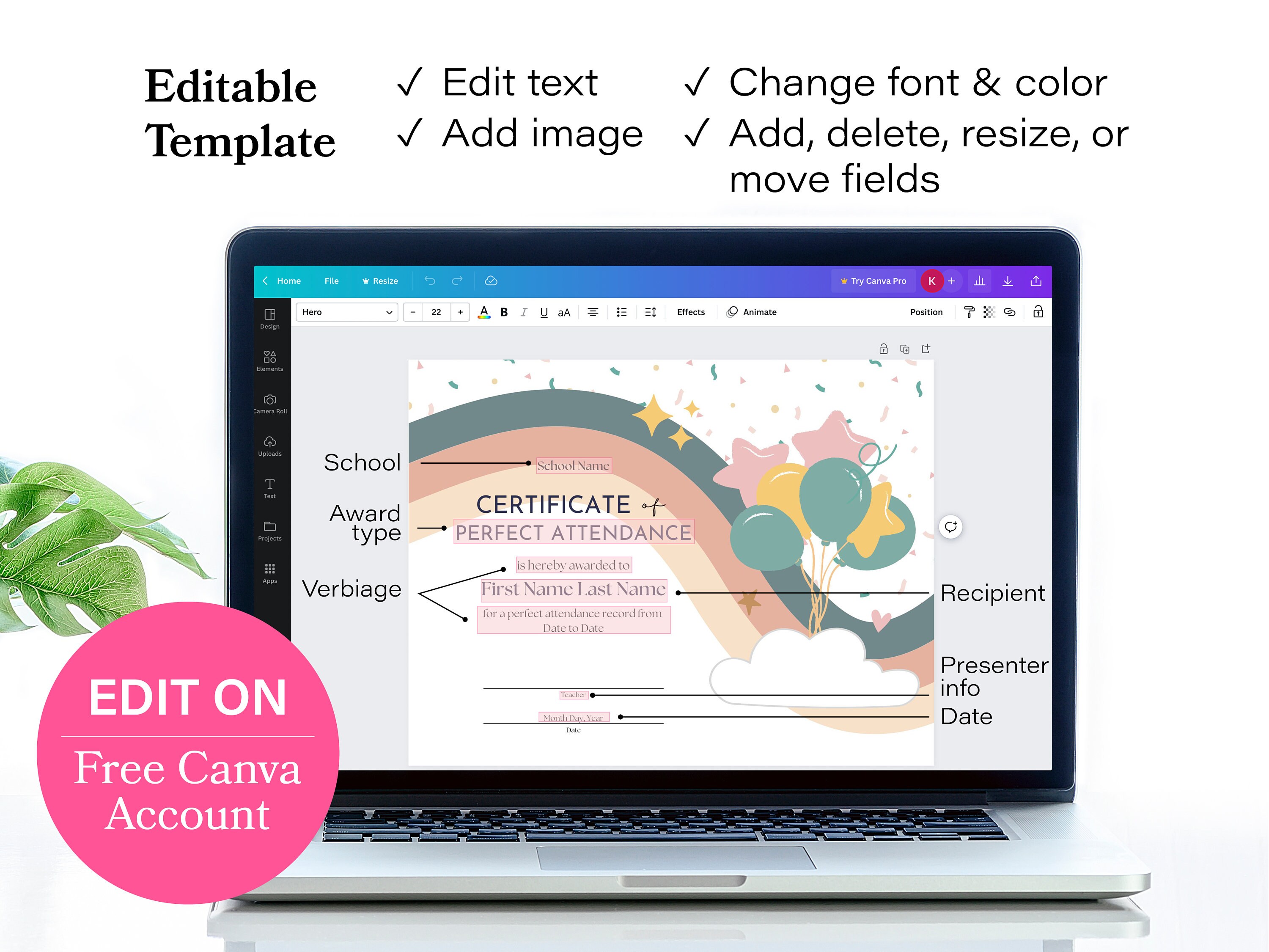 Editable Rainbow Certificate for Perfect Attendance, Achievement ...