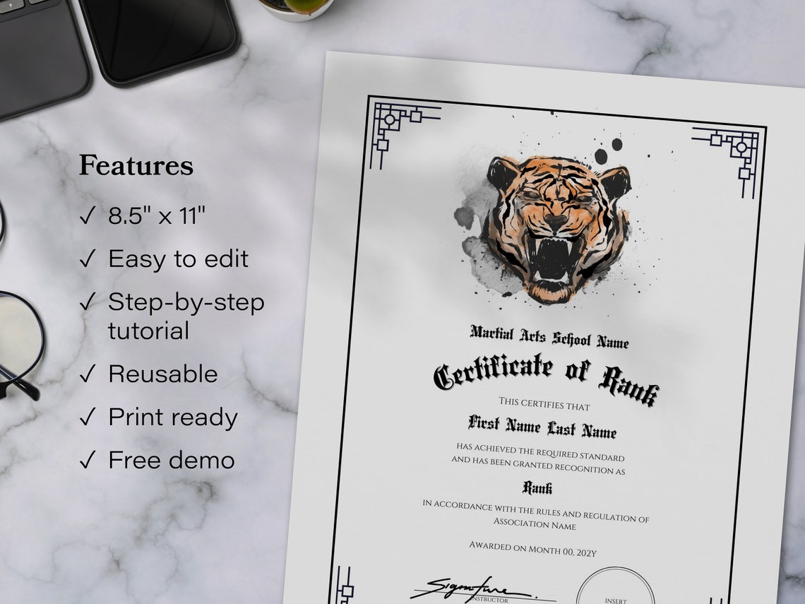 Editable Certificate of Rank Recognition | Tiger Martial Arts Award ...