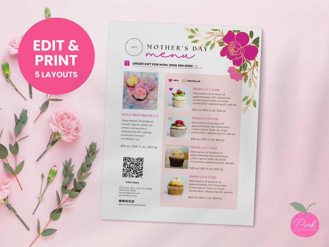 Editable Mother's Day Bakery Photo Menu for Gourmet Cookie, Wedding ...