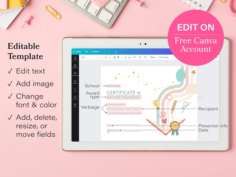 Editable Certificate of Achievement for Students | Kids Award for ...