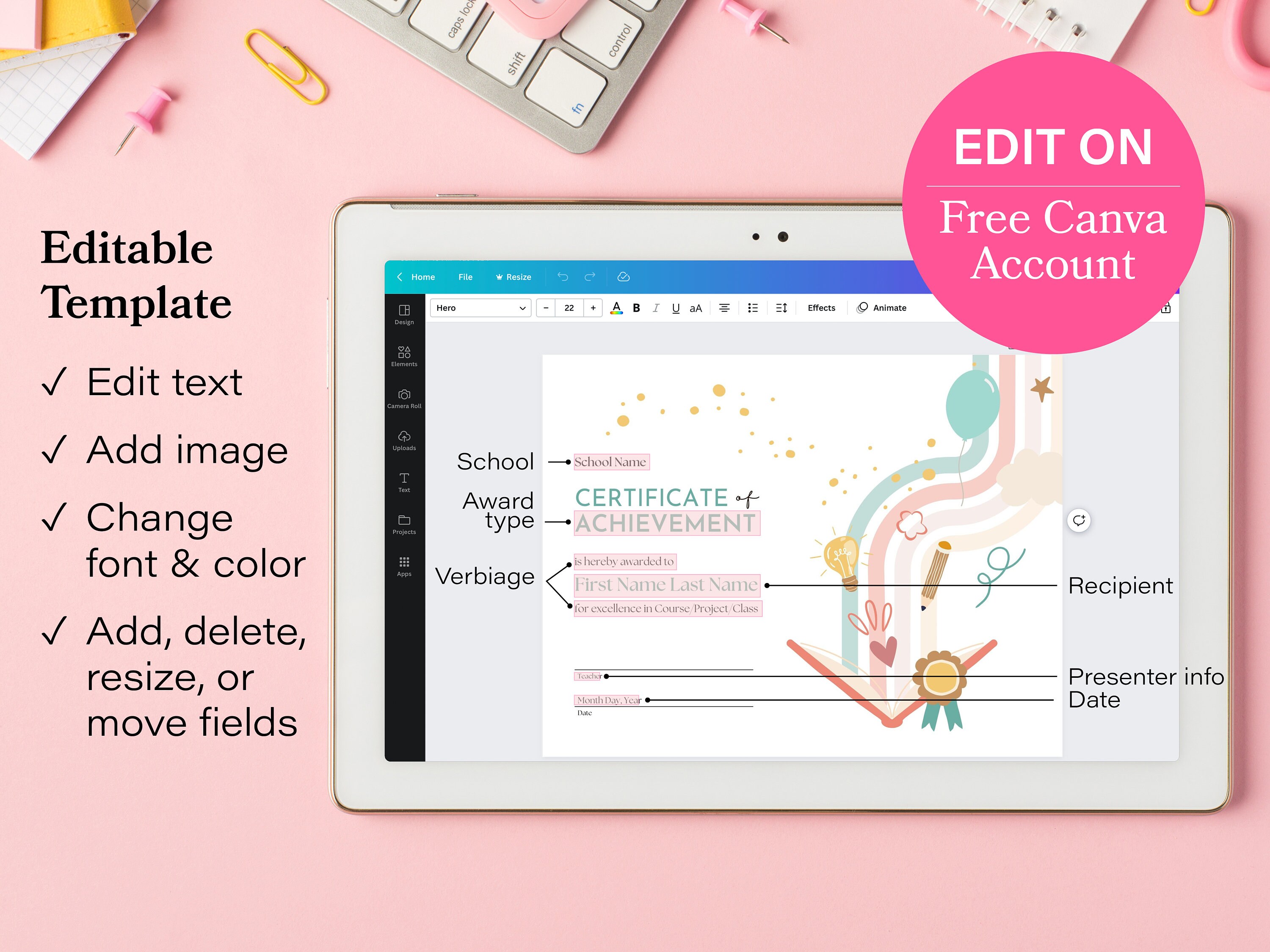 Editable Certificate of Achievement for Students | Kids Award for ...