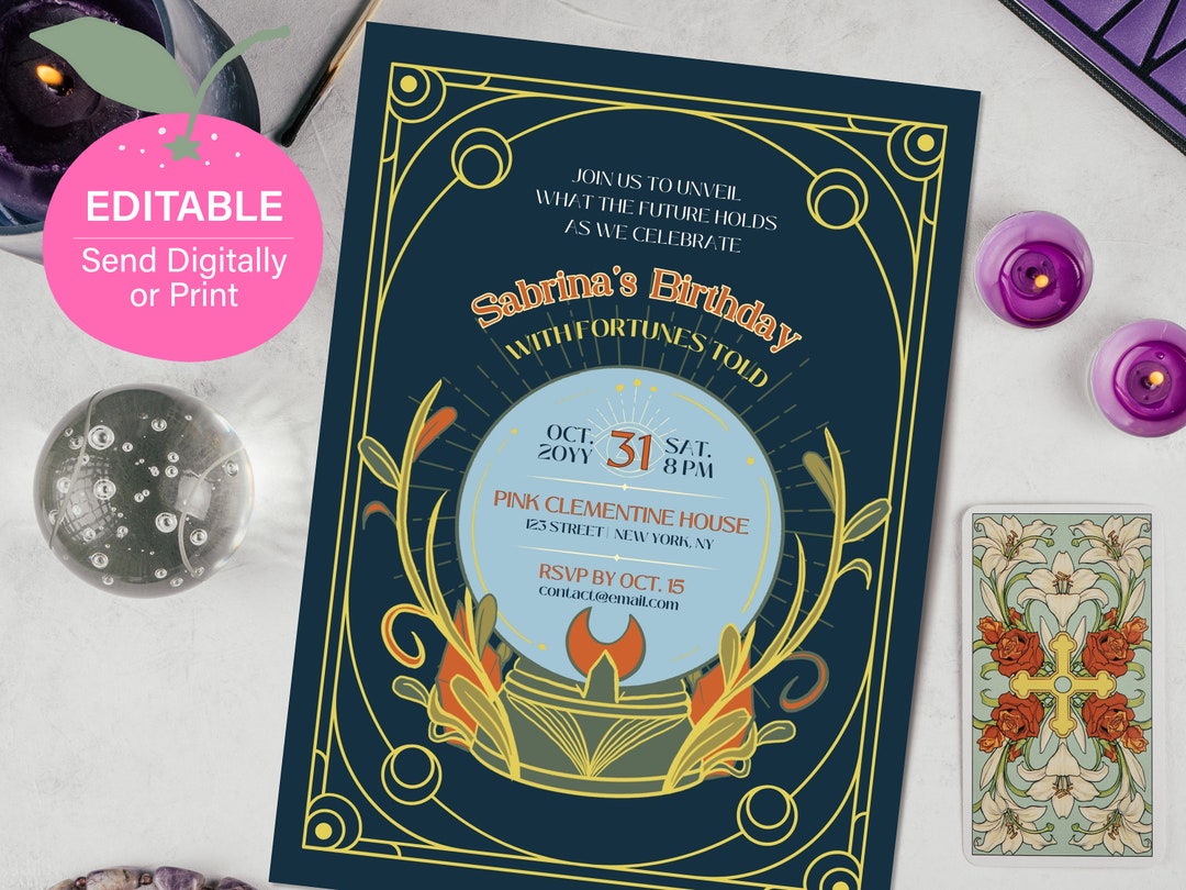 Editable Birthday and Halloween Invite | Fortune Telling, Crystal Ball ...