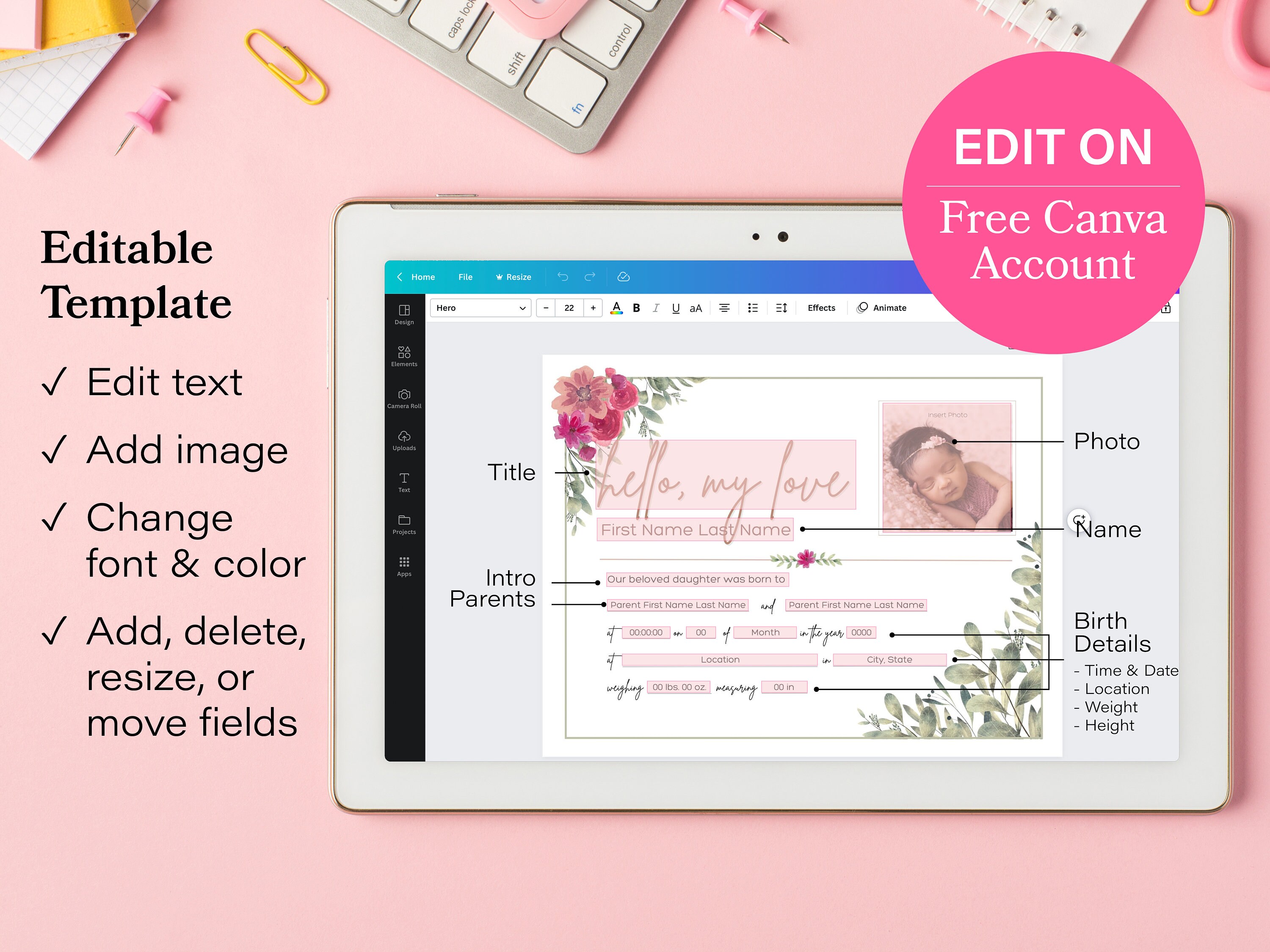 Editable Birth Certificate for Newborn Baby Girl and Daughter ...