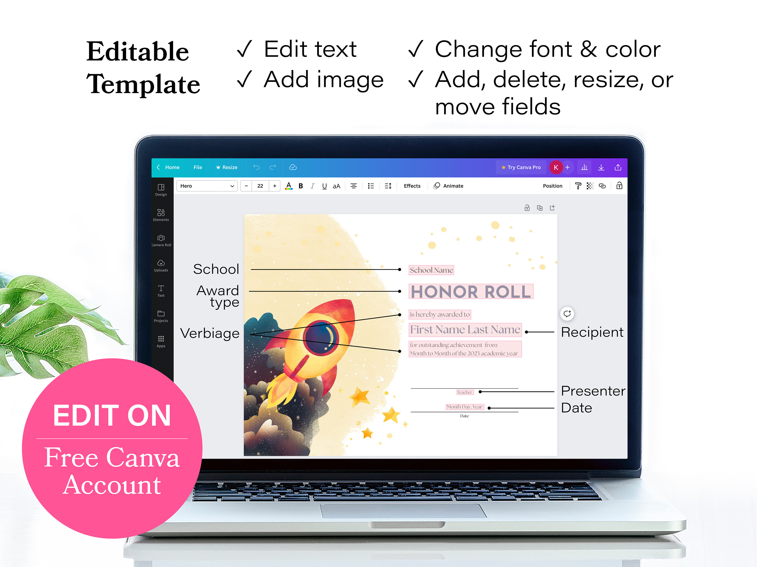Editable Honor Roll Student Award Certificate for Academic Achievement ...