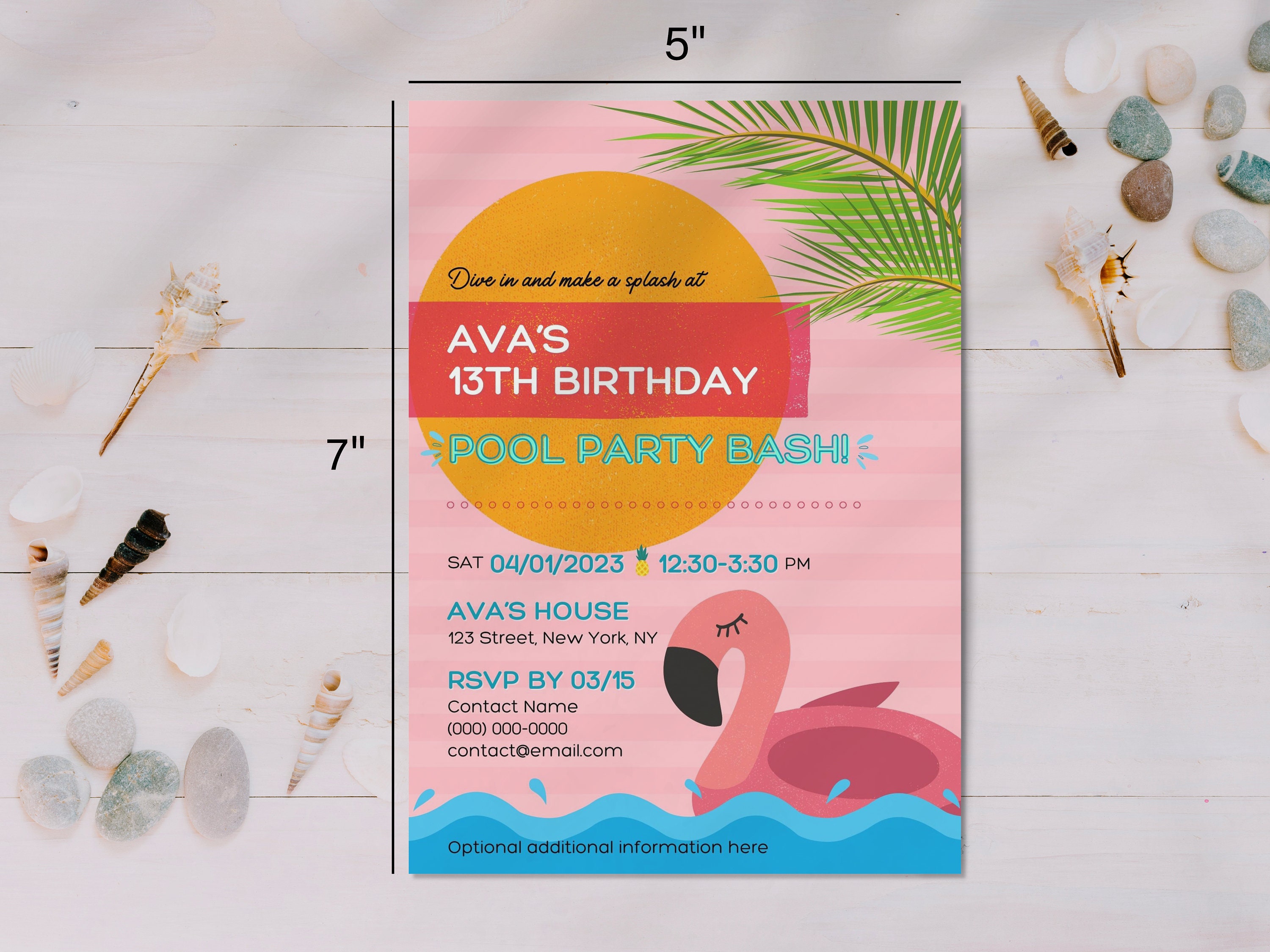 Editable Summer Pool Party Themed Birthday Invite Pink Flamingo Floaty ...