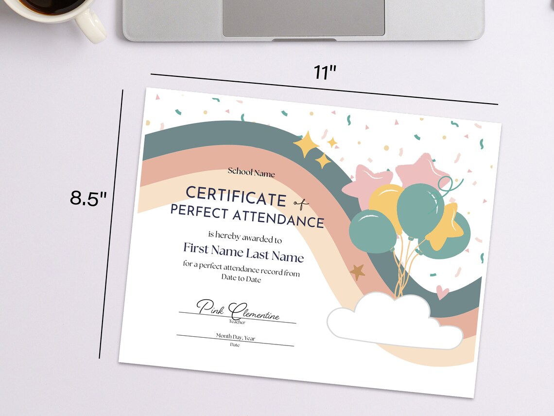 Editable Rainbow Certificate for Perfect Attendance, Achievement ...