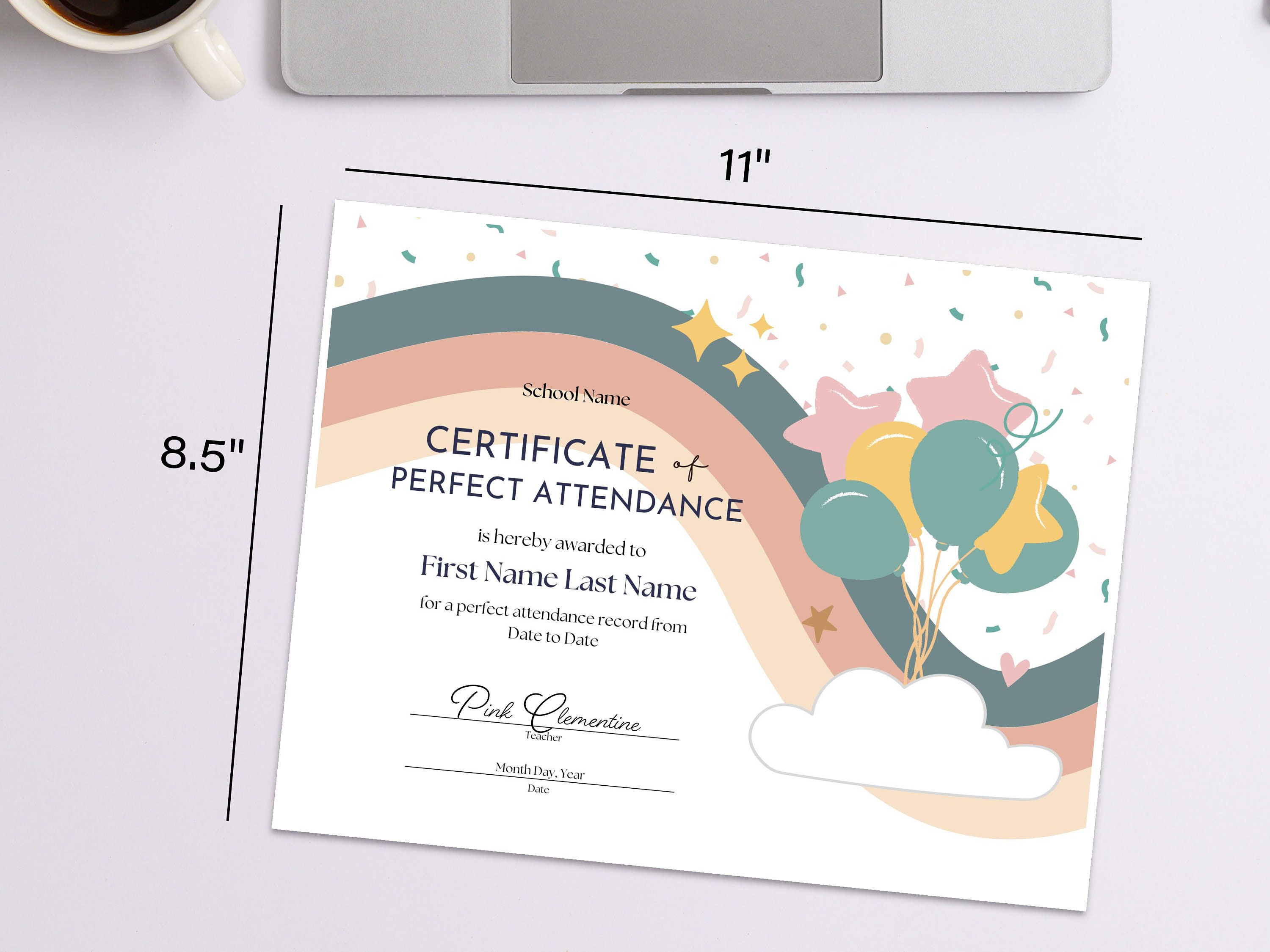 Editable Rainbow Certificate for Perfect Attendance, Achievement ...