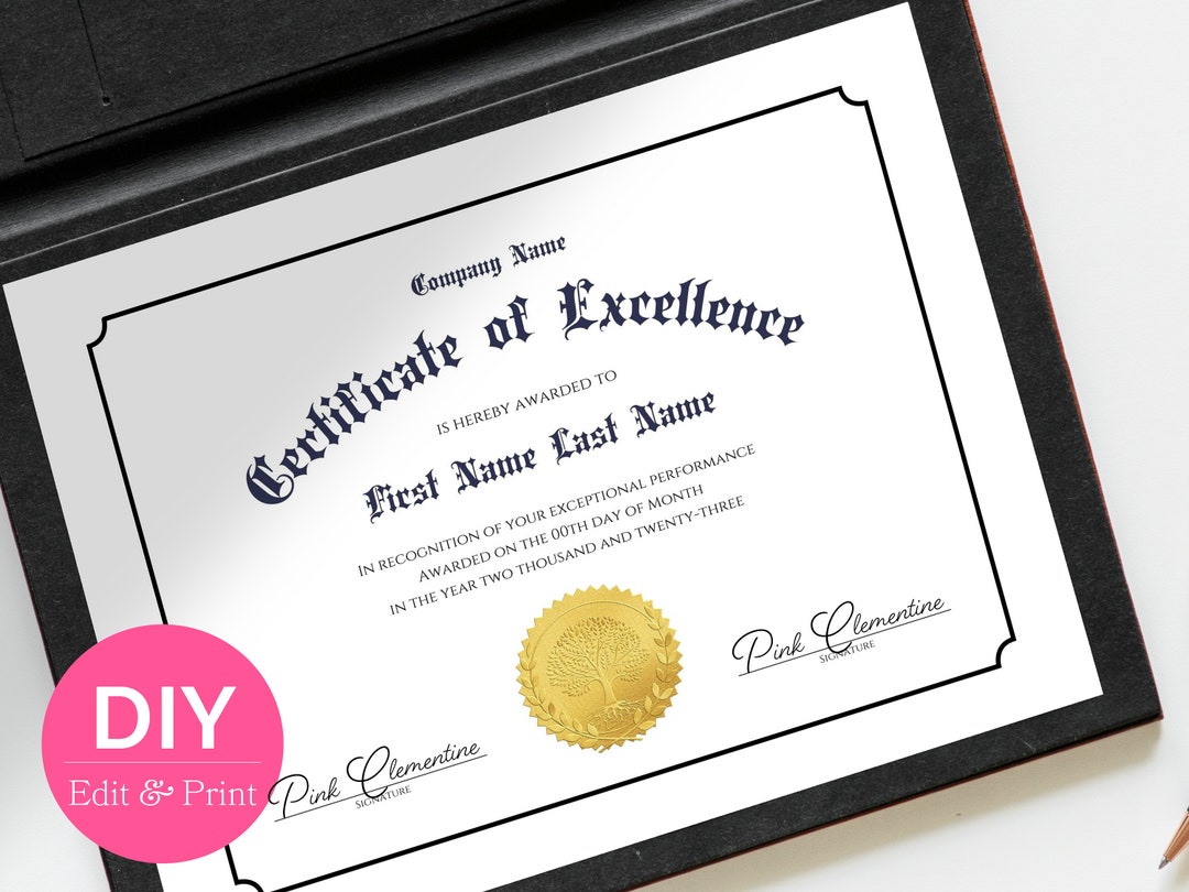 Editable Certificate of Excellence Achievement Completion Recognition ...