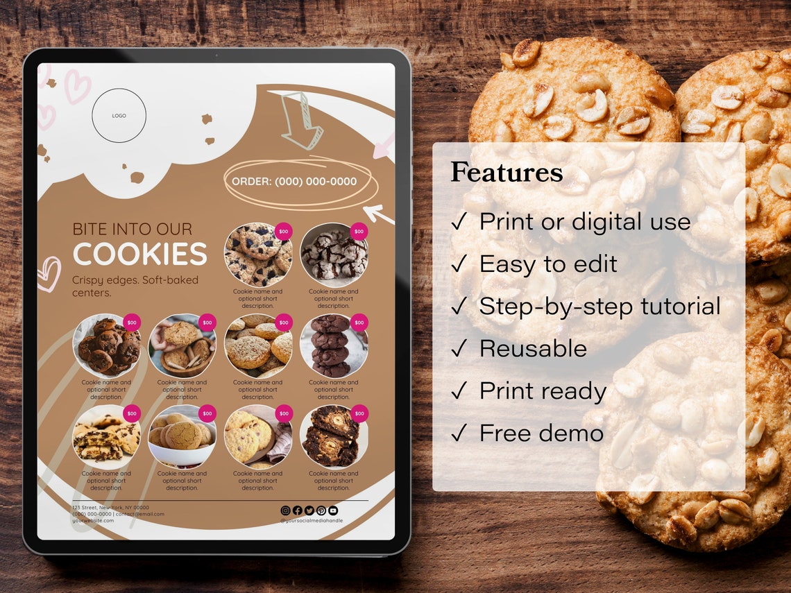 Editable Bakery Photo Menu, Flyer, Ad for Gourmet Cookies Customizable ...