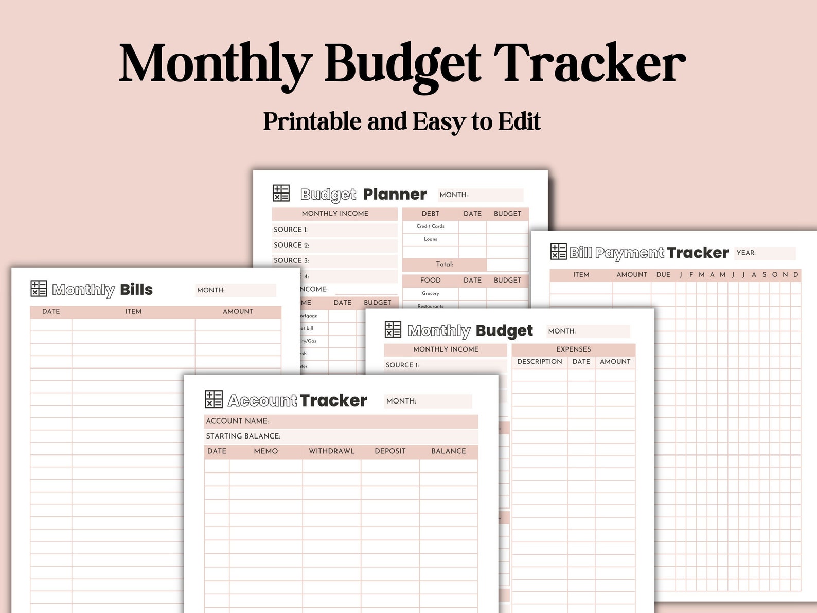 Monthly Budget Tracker Digital Download Expense Tracker Budget Sheet ...