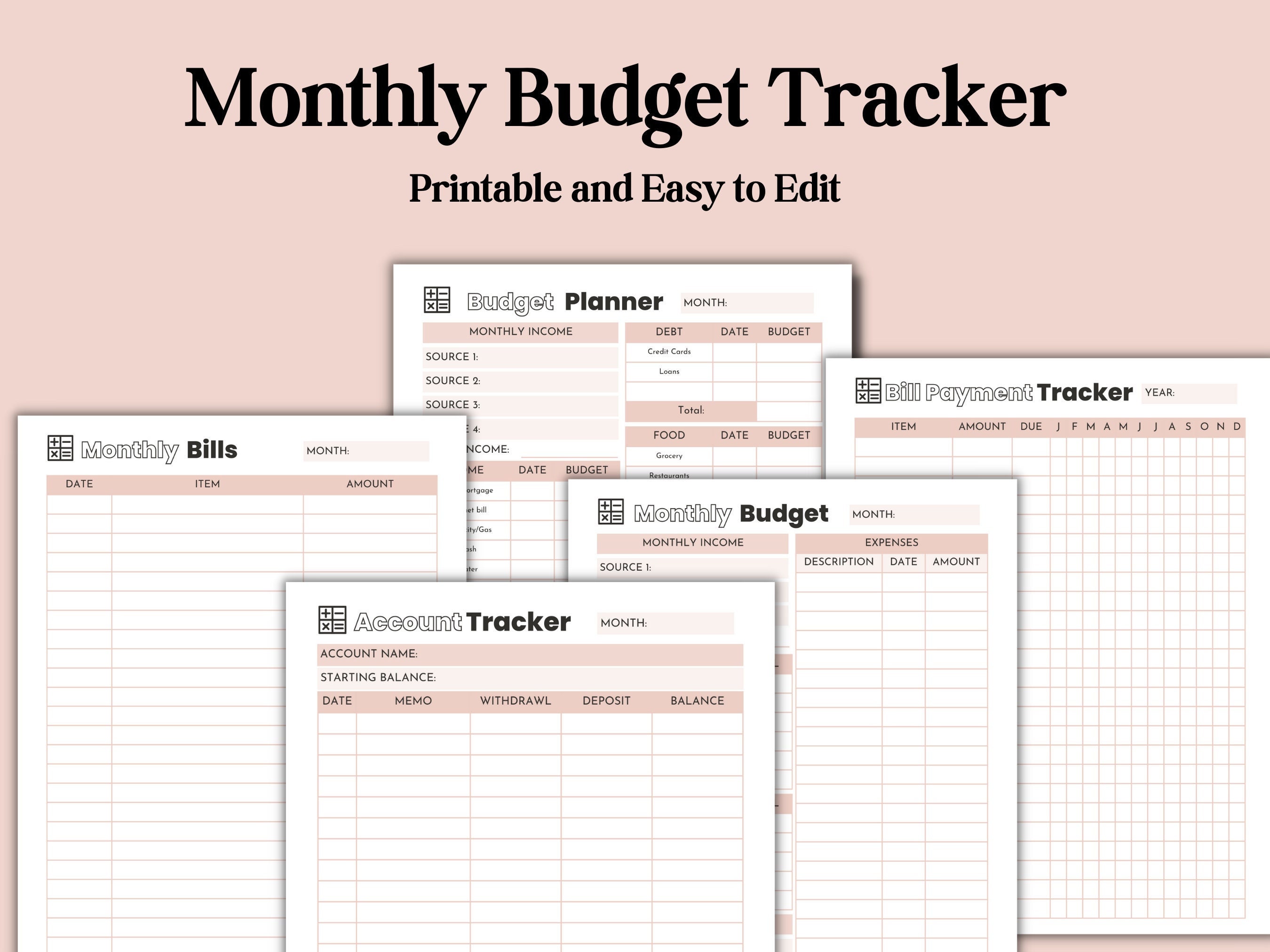 Monthly Budget Tracker Digital Download Expense Tracker Budget Sheet ...
