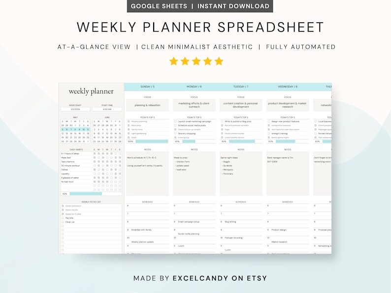 Minimalist Weekly Planner | Daily Schedule | Google Sheets Template ...
