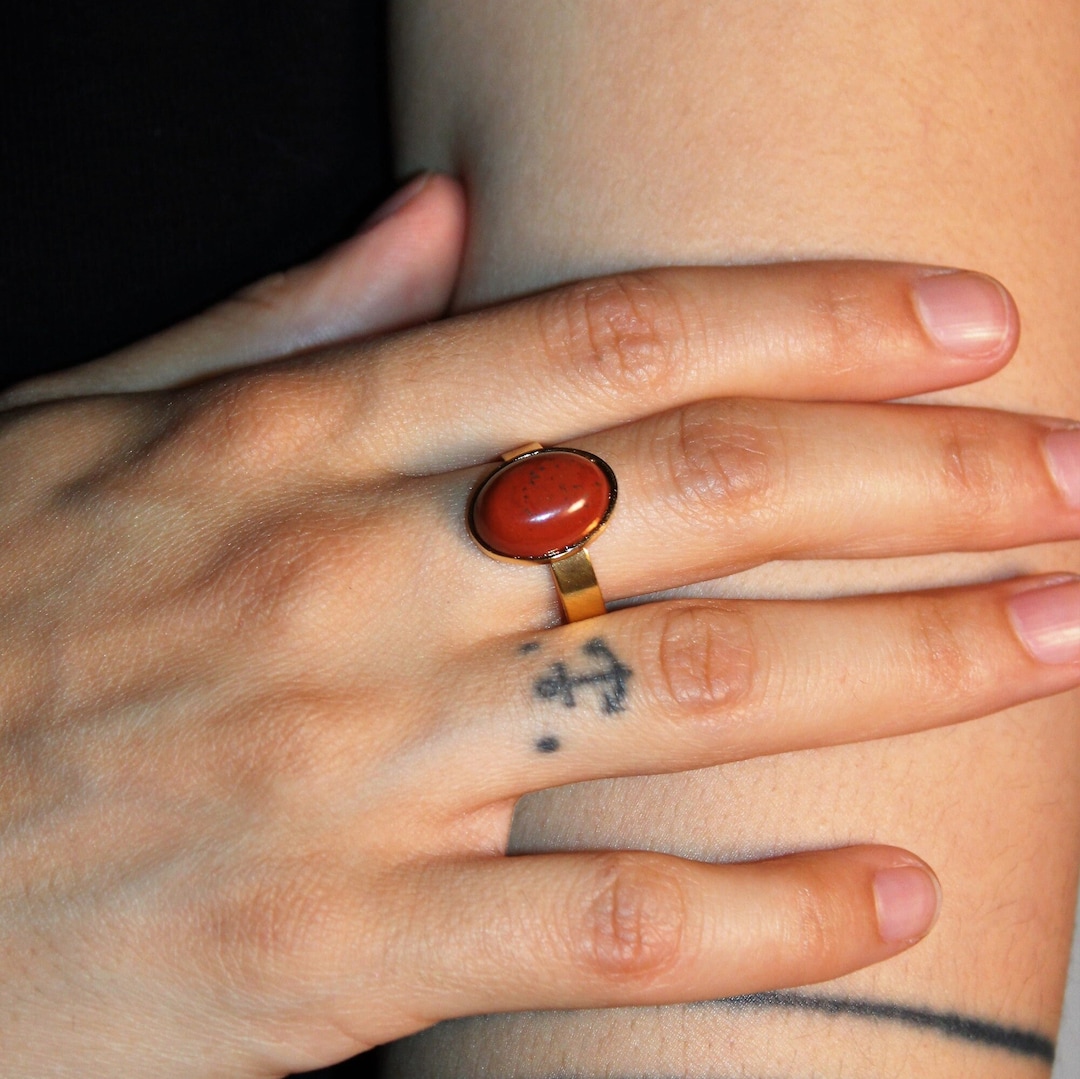 CORALINE Ring Adjustable Natural Stone Red Jasper Turquoise Howlite Fine Stainless Steel Golden ...